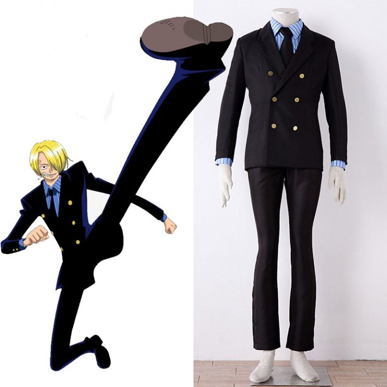 Black Leg Sanji Cosplay Costumes Blue Shirt And Black Double Breasted Suit Outfits For Mens